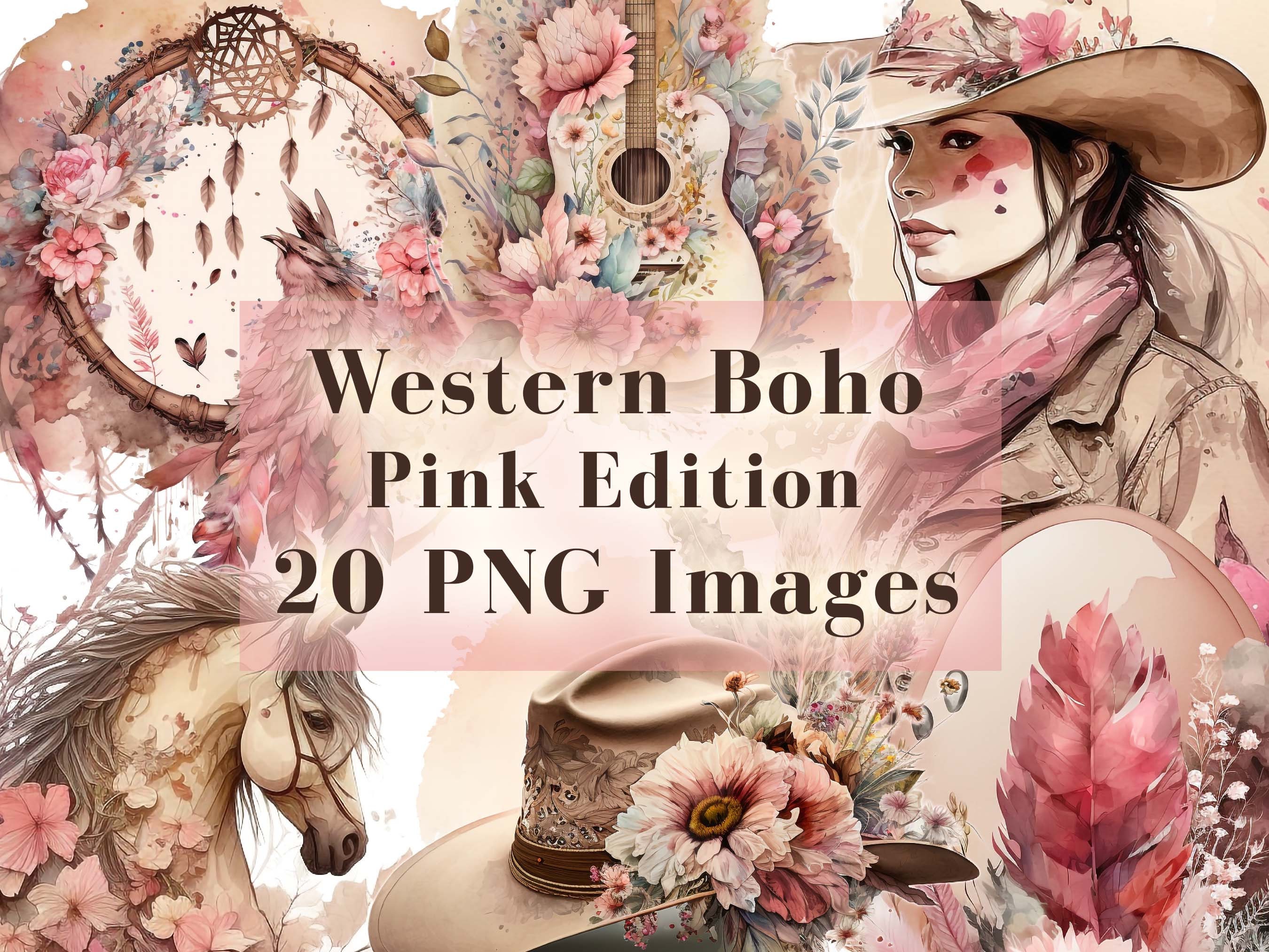 Watercolor Western Boho Clip Art Bundle - 20 PNG Graphics, Bohemian ...