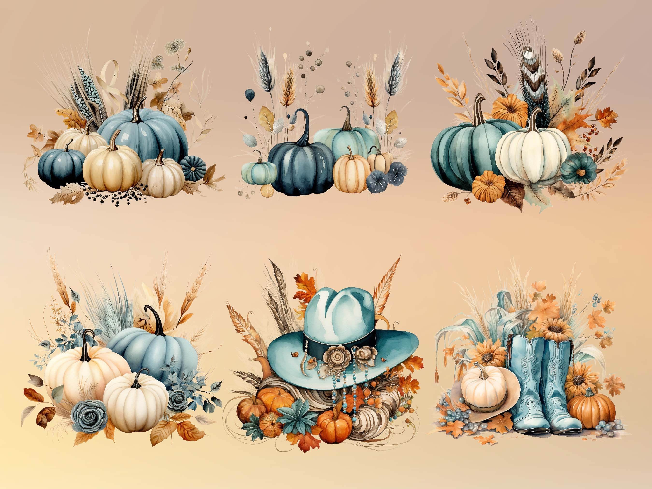Boho Pumpkin Clipart, Fall Clipart, Thanksgiving Clipart, Watercolor ...
