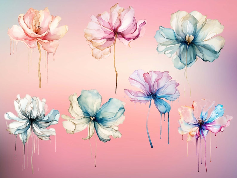 Watercolor Translucent Floral Clipart Bundle 20 PNG Alcohol Ink Clip ...