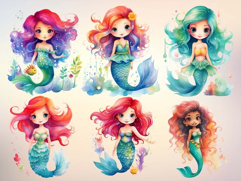 Mermaid Clipart Under the Sea Watercolor Clip Art, 20 Transparent PNG ...
