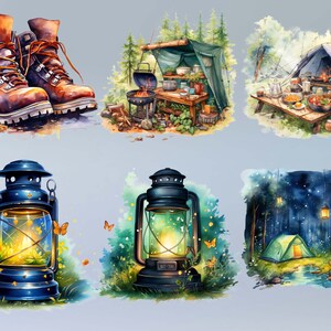 Watercolor Camping Clipart Bundle 20 PNG Graphics - Tent, Campfire ...
