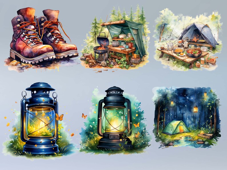 Watercolor Camping Clipart Bundle 20 PNG Graphics Tent, Campfire ...