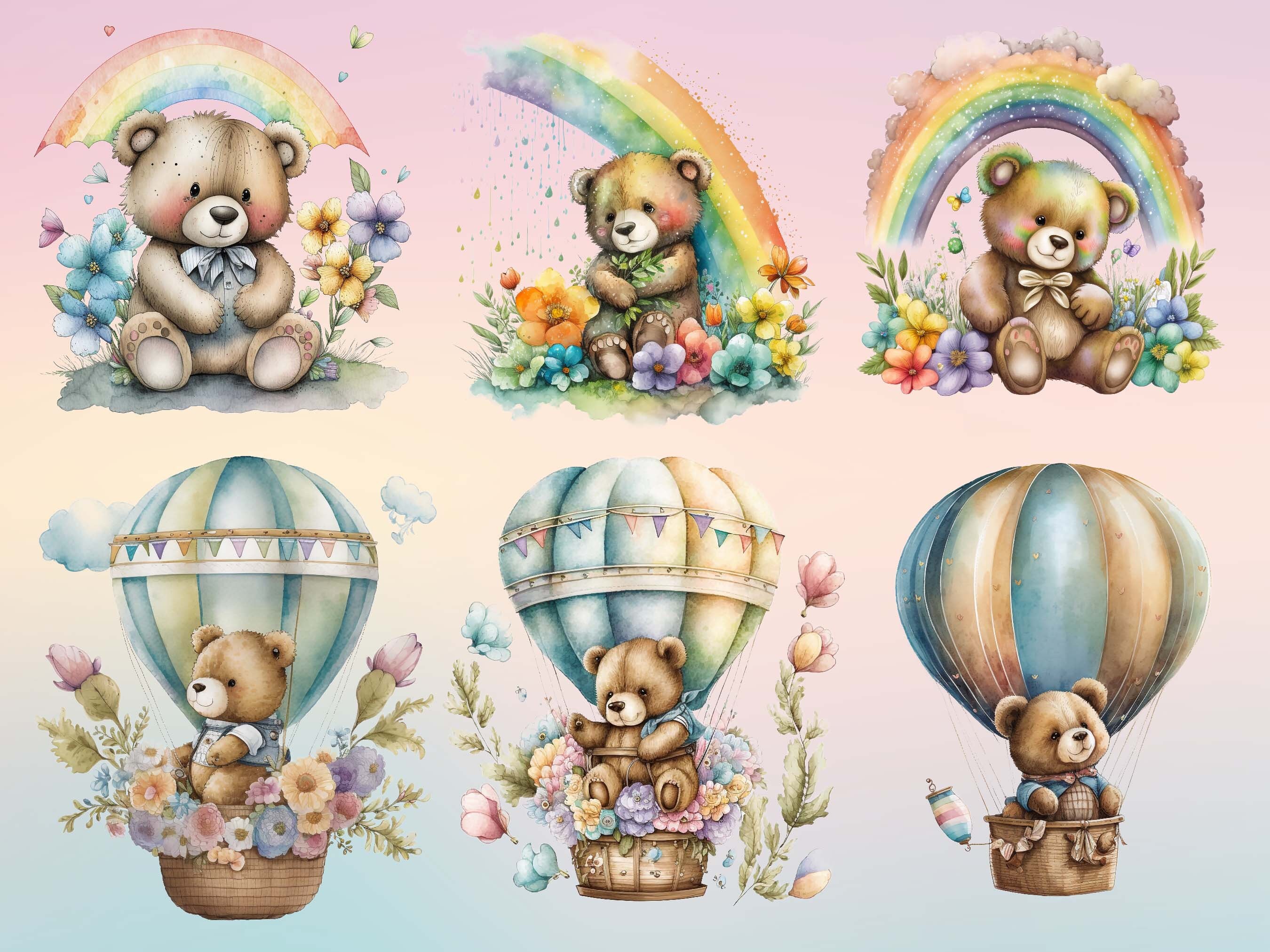 Baby Bear Nursery Art PNG Bundle, Watercolor Teddy Bear Printable ...