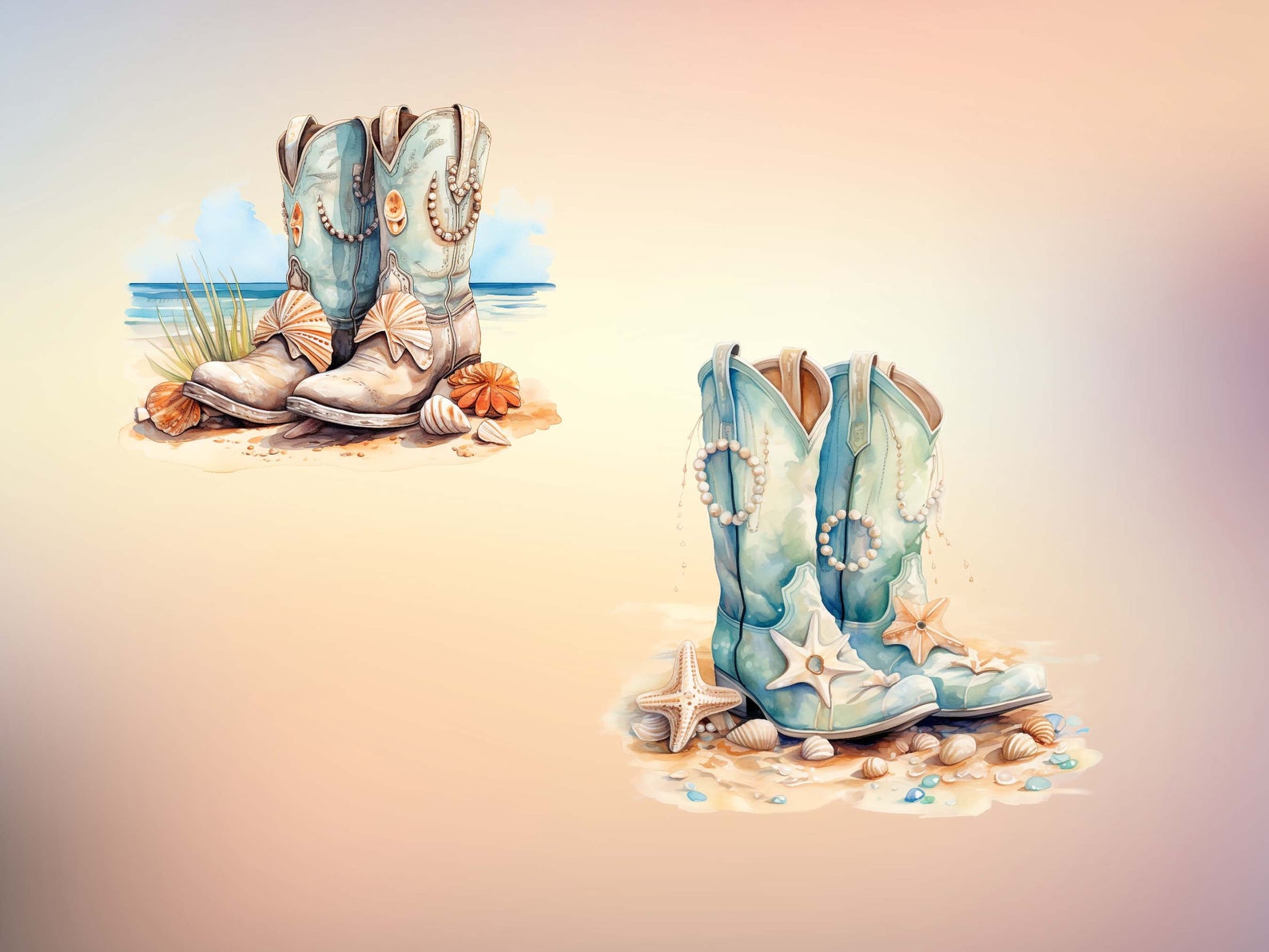 Watercolor Coastal Cowgirl Clip Art Bundle - 20 PNG Graphics, Disco ...