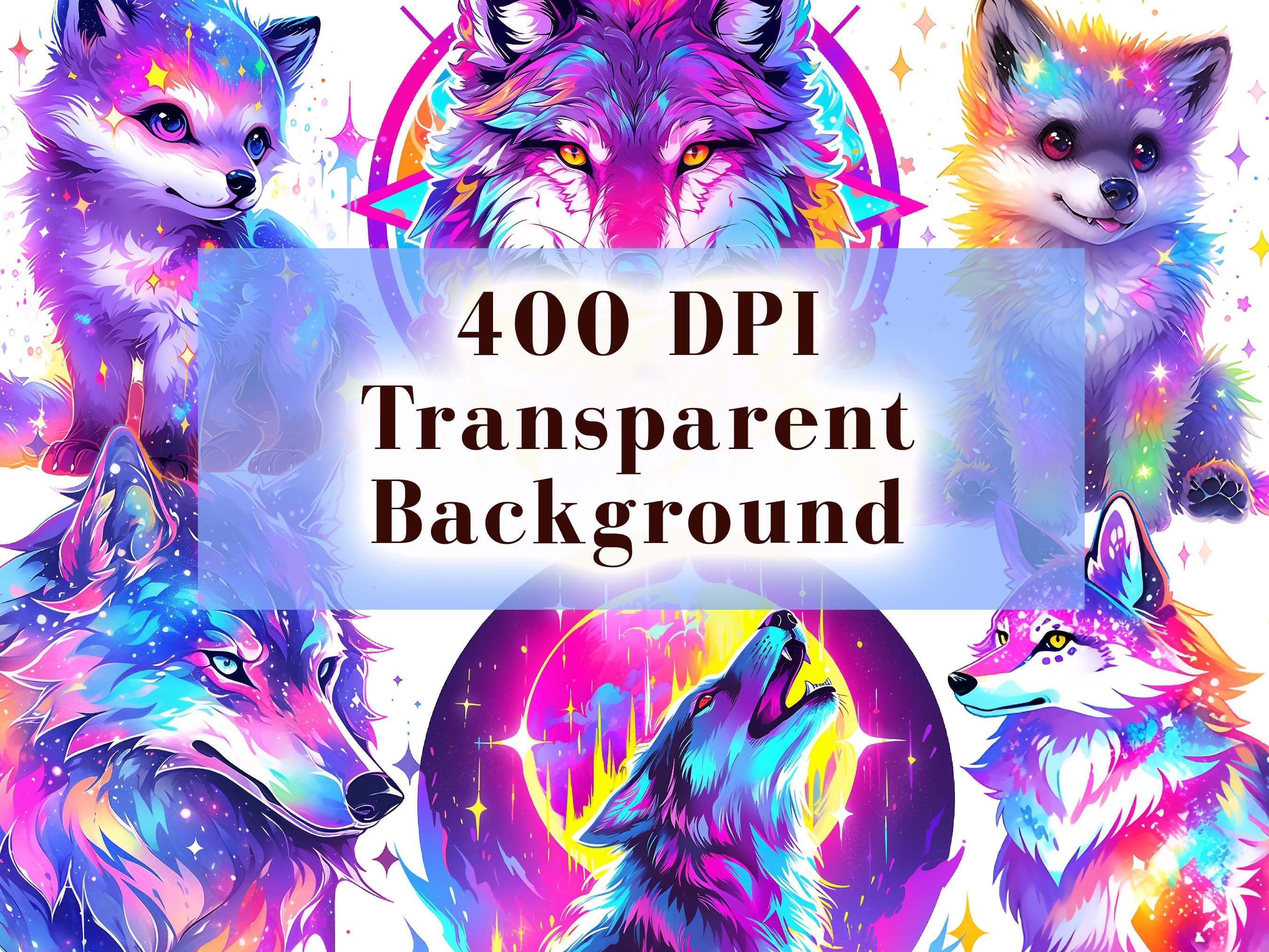 90's Neon Wolves Clipart Bundle - 20 PNG Graphics, Neon Wolf, Howling ...
