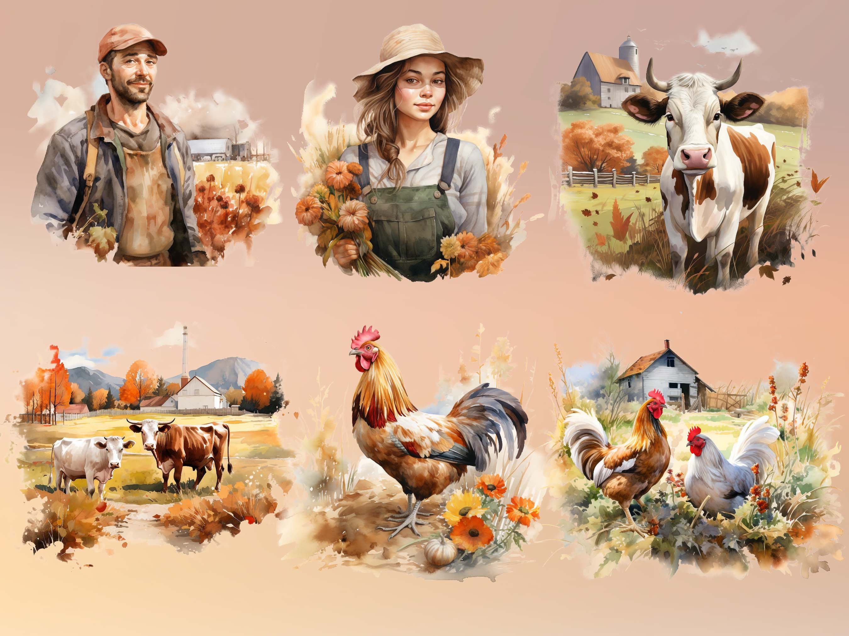 Fall Farmhouse Clipart Bundle - 20 Watercolor PNG - Barnyard Animal ...