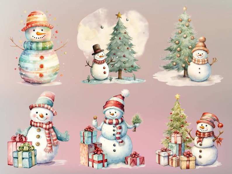 Cute Watercolor Snowman PNG Clipart Bundle of 20 Christmas Holiday ...