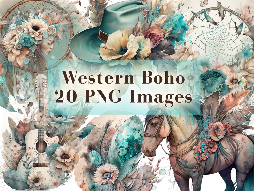Watercolor Western Boho Clipart Bundle PNG | Cowgirl Hat Cactus Boots ...