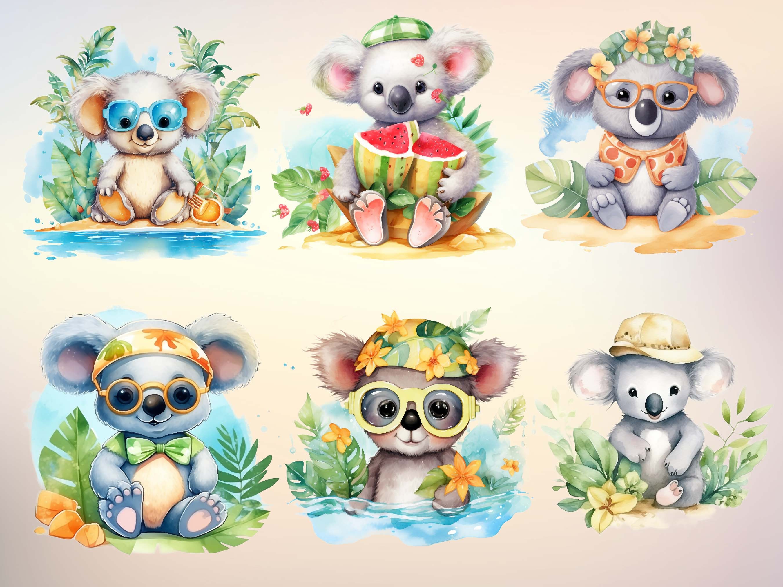 Watercolor Cute Summer Koala Clipart 20 PNG, Pastel Summer Animals Clip ...