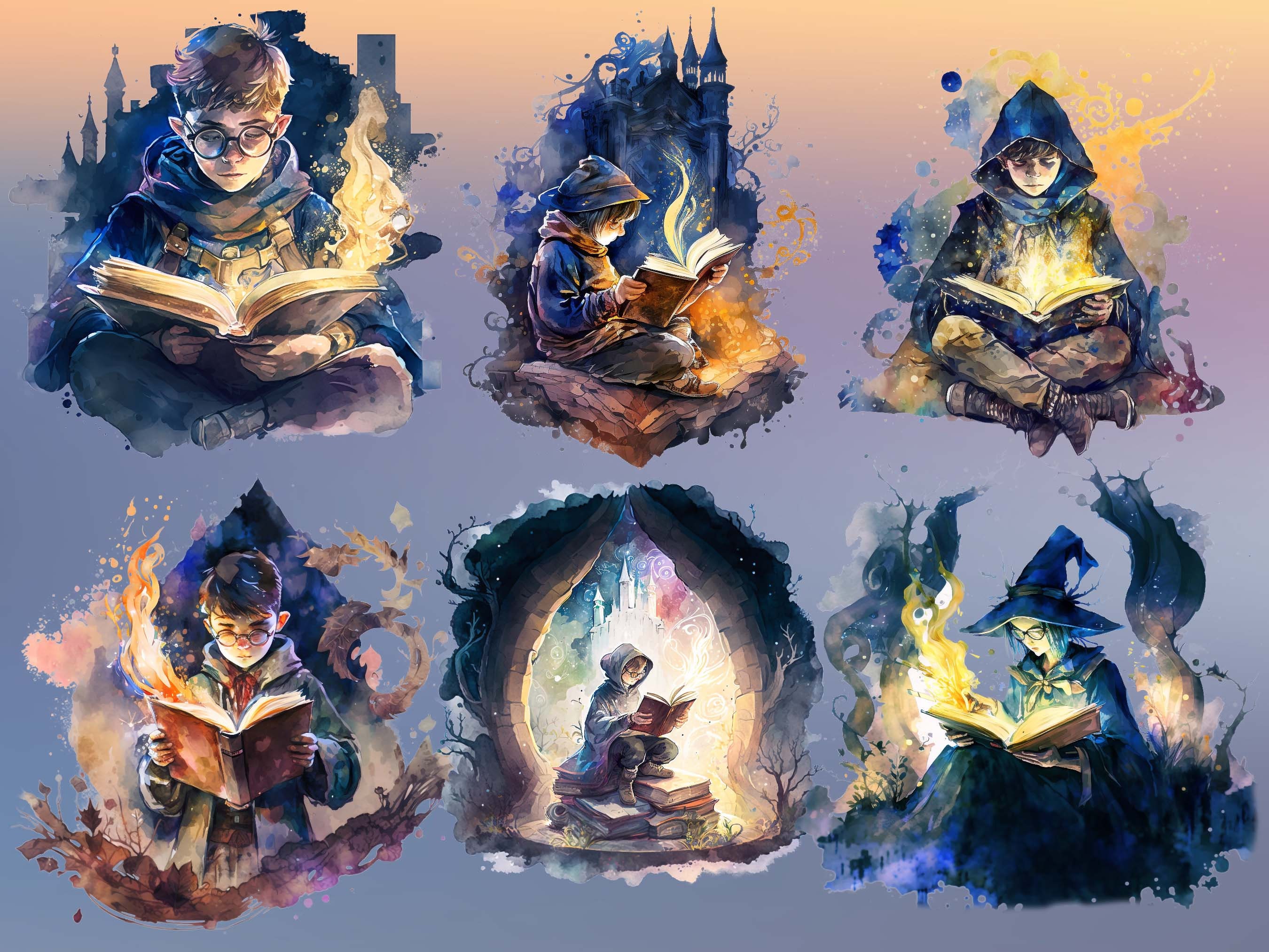 Fantasy Bookworms Watercolor Clipart PNG Bundle Wizards & Witches 20 ...