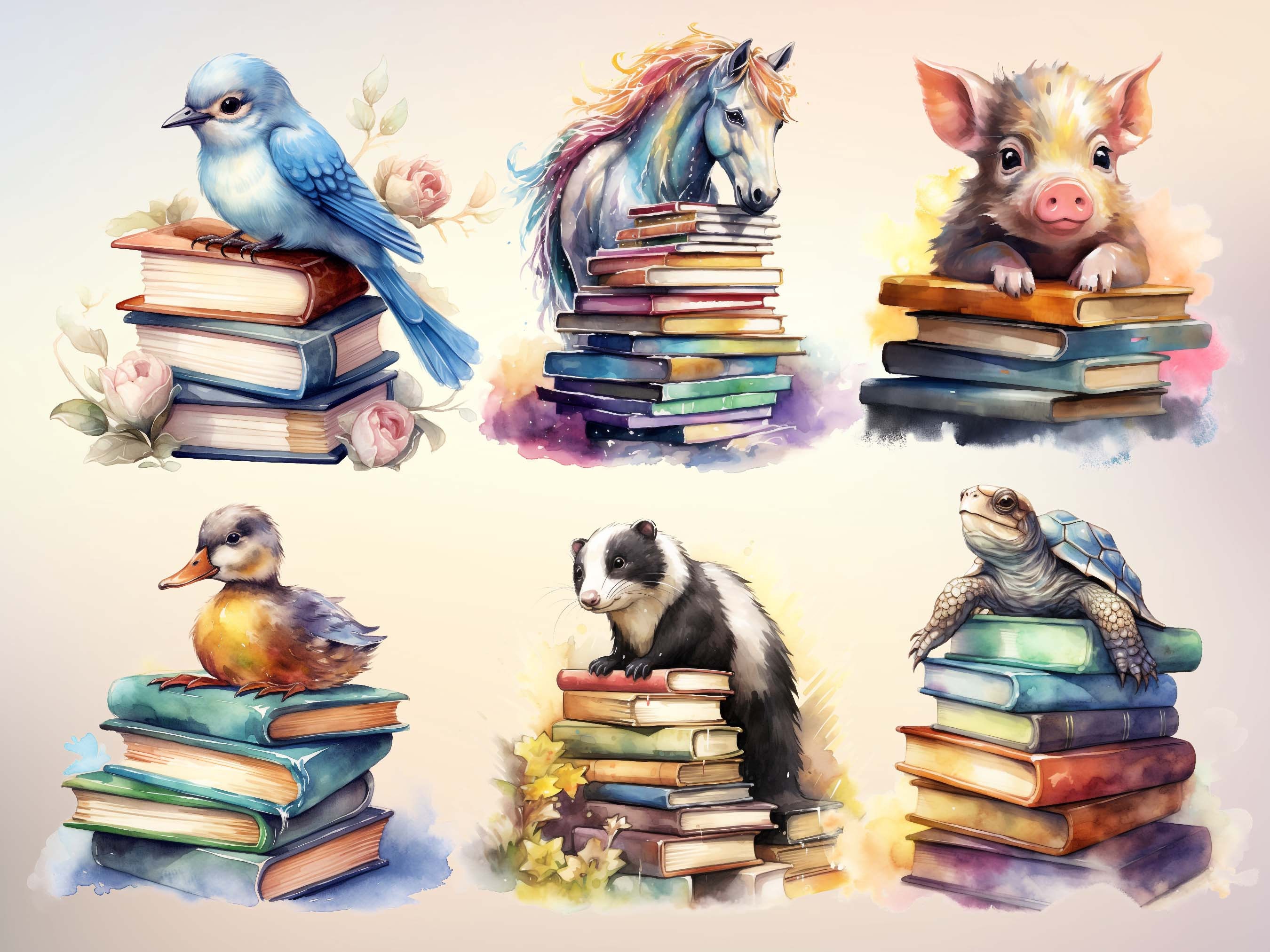 Animals on Books Clipart Bundle, 20 PNG Fairytale Book Clip Art ...