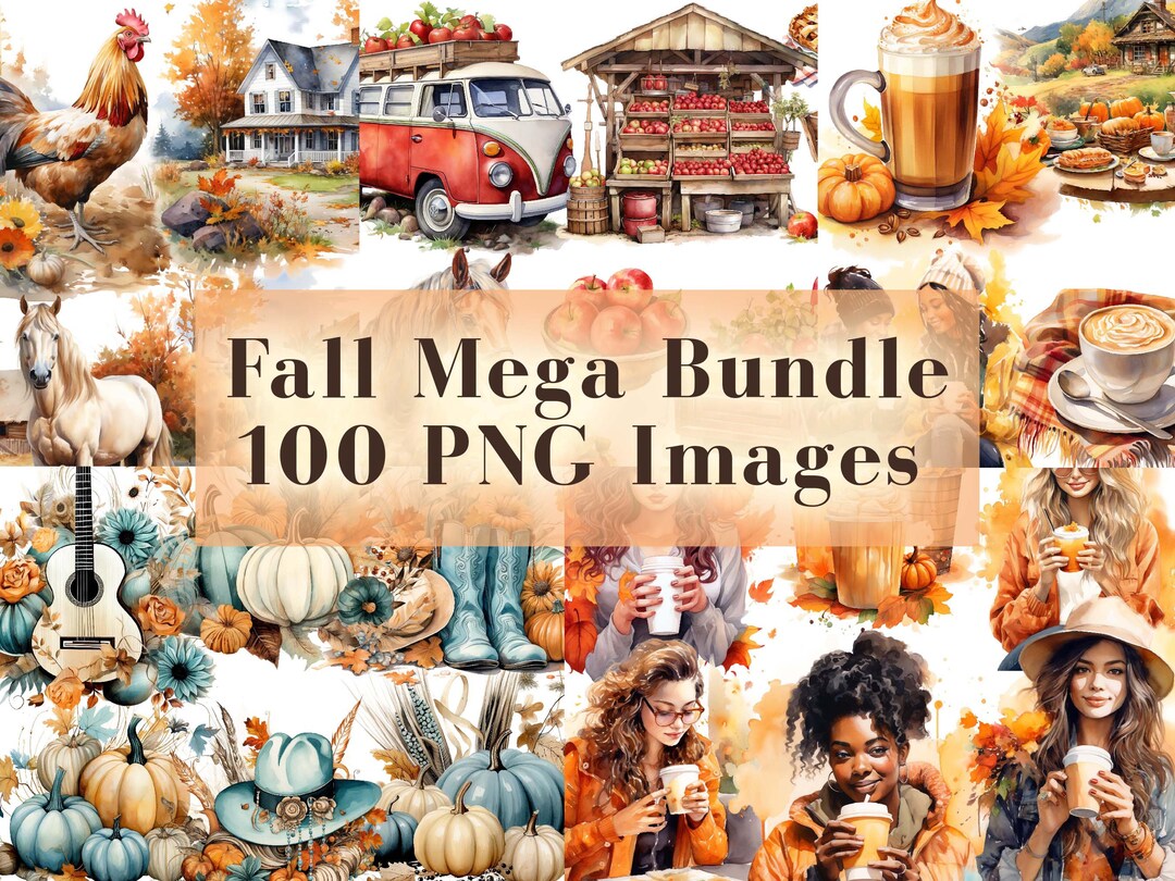 Watercolor Fall Clipart Mega Bundle - 100 PNG Graphics, Fall Farmhouse ...