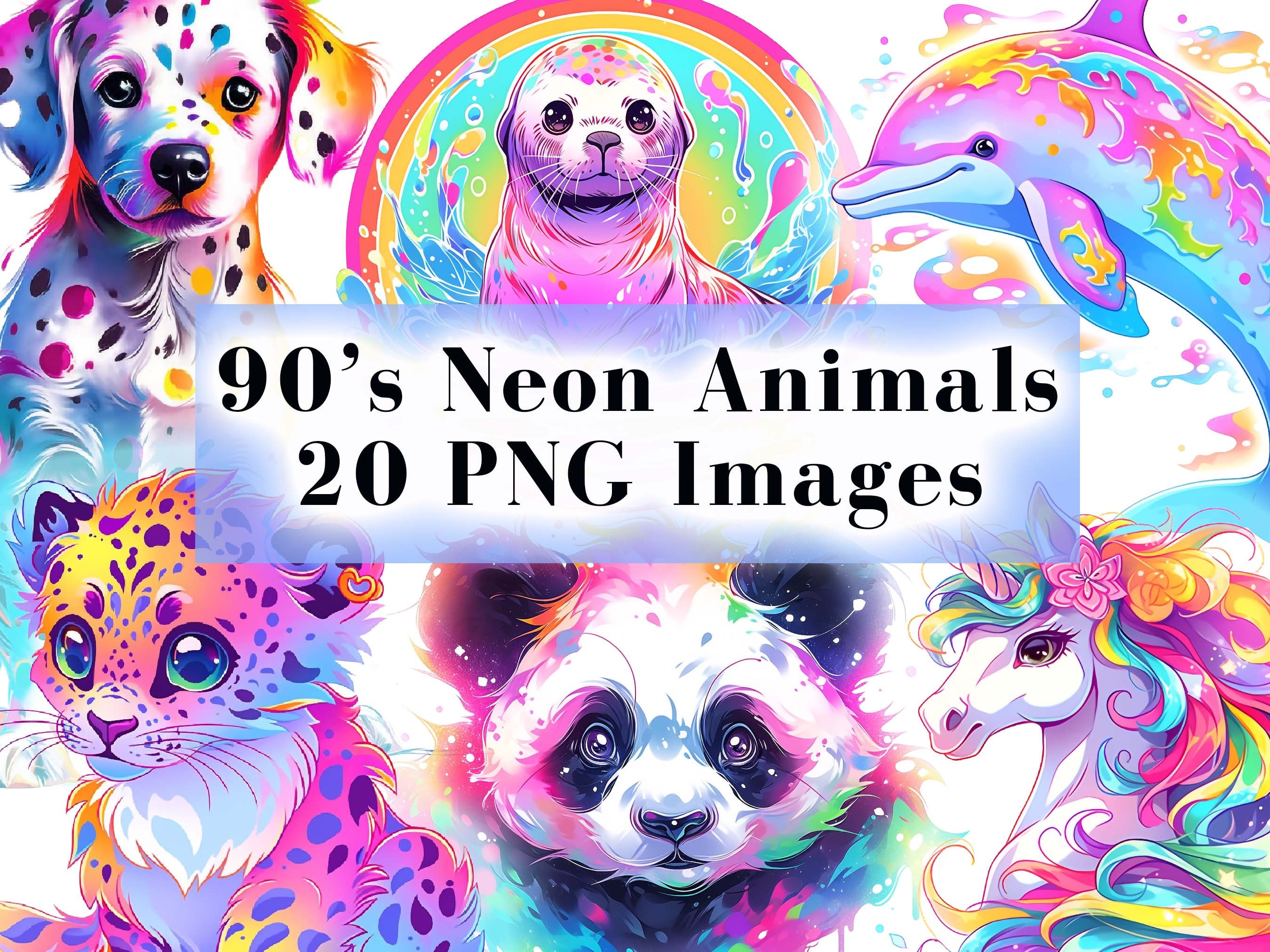 90's Neon Animals Clipart Bundle 20 PNG Graphics, Neon Dolphin, Panda ...