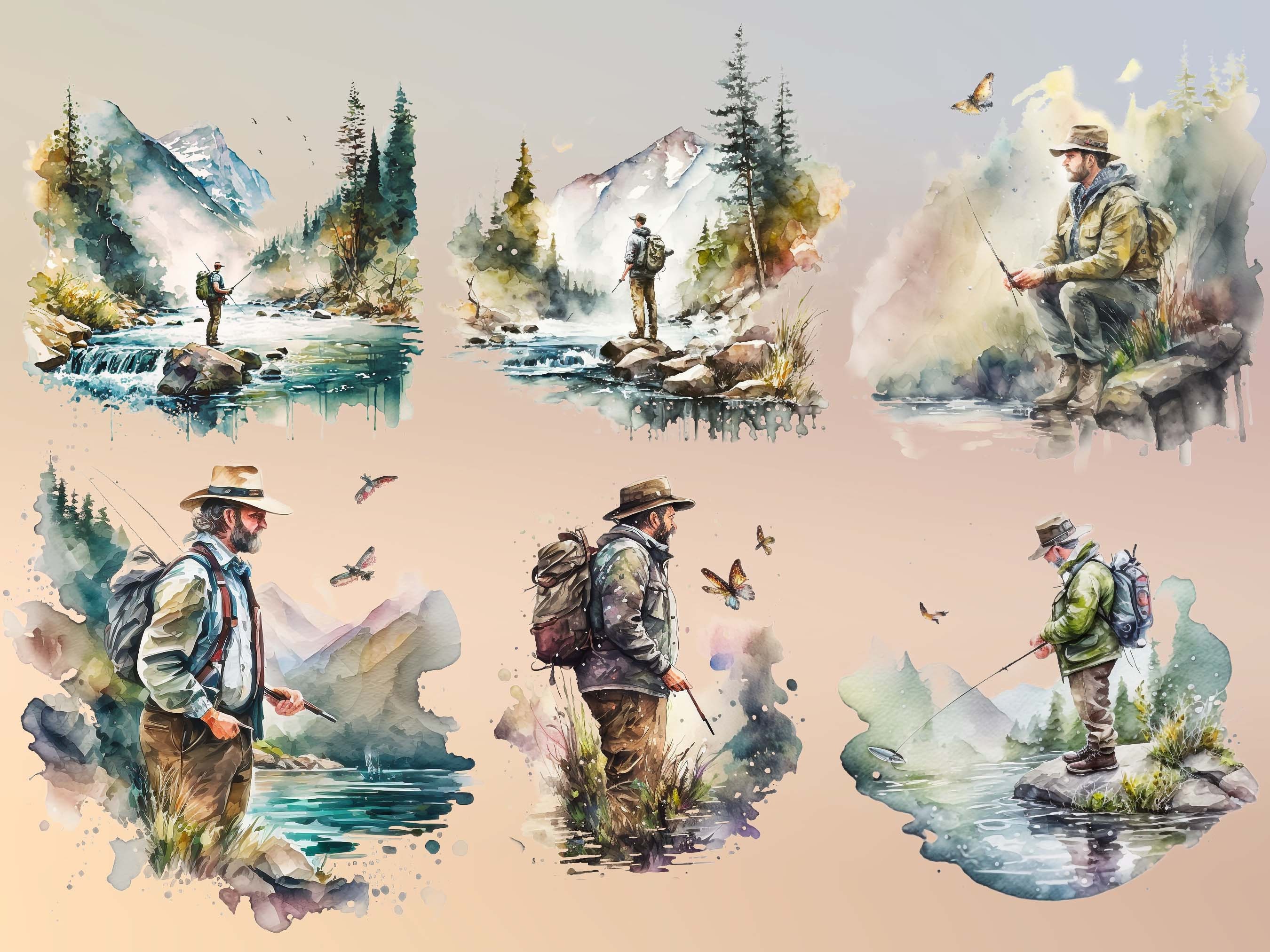 Watercolor Fishing Clipart Fathers Day Fishing Clipart - Etsy