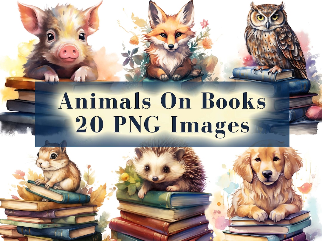 Animals on Books Clipart Bundle, 20 PNG Fairytale Book Clip Art ...