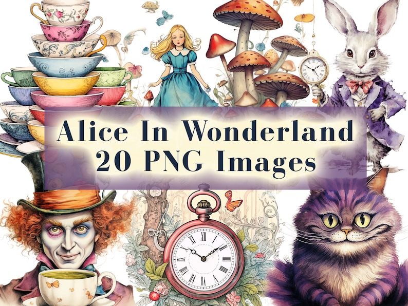Alice in Wonderland PNG Clipart Bundle, 20 Graphics, Watercolor Alice ...