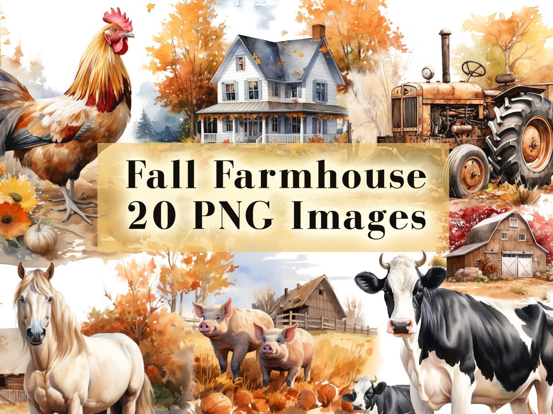 Fall Farmhouse Clipart Bundle - 20 Watercolor PNG - Barnyard Animal ...