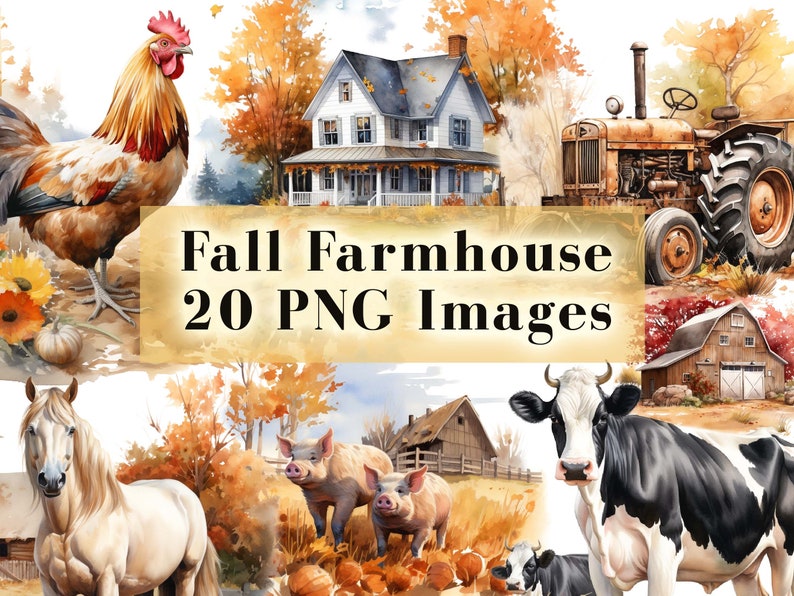 Fall Farmhouse Clipart Bundle - 20 Watercolor PNG - Barnyard Animal ...