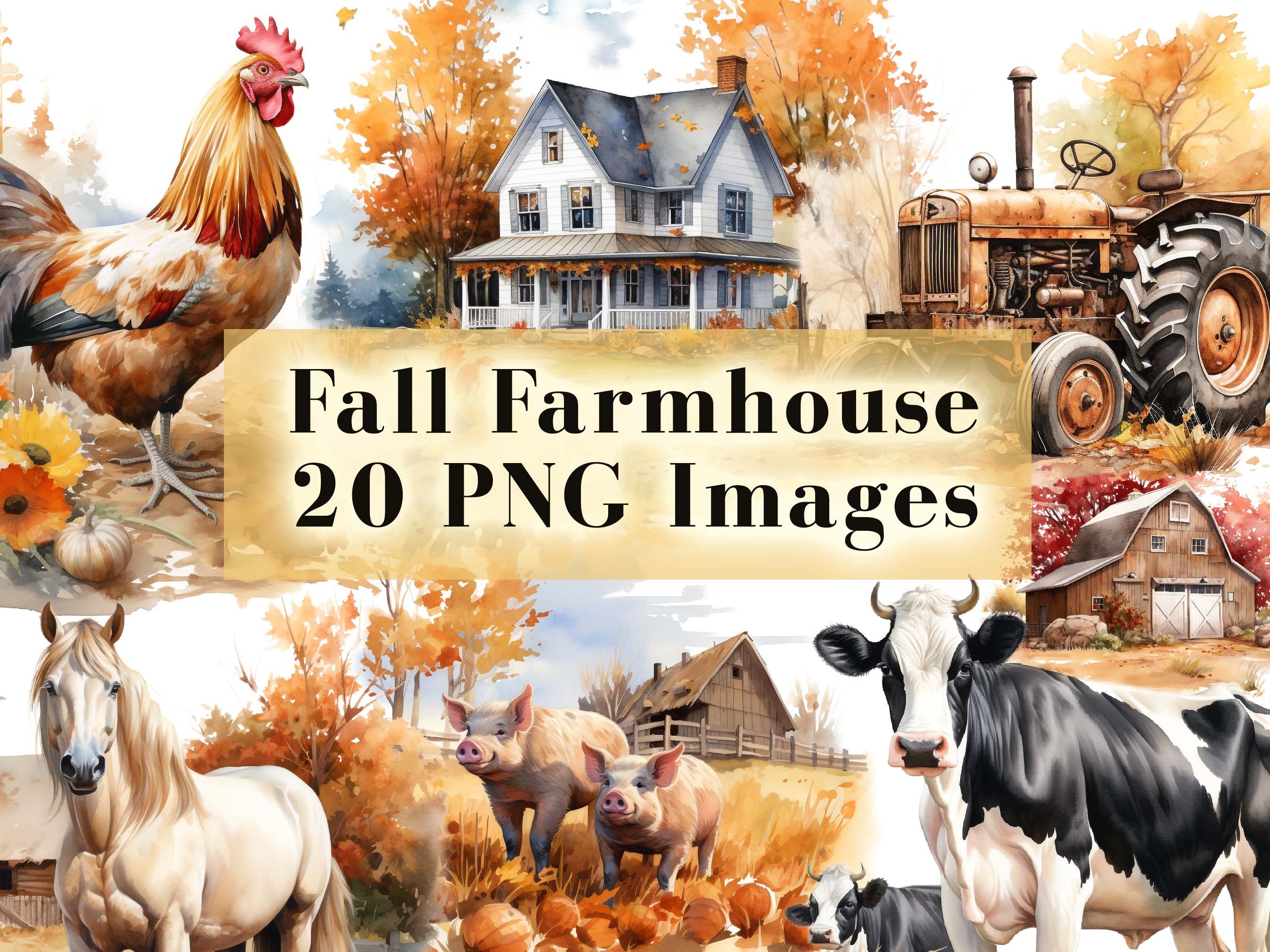 Fall Farmhouse Clipart Bundle - 20 Watercolor PNG - Barnyard Animal ...