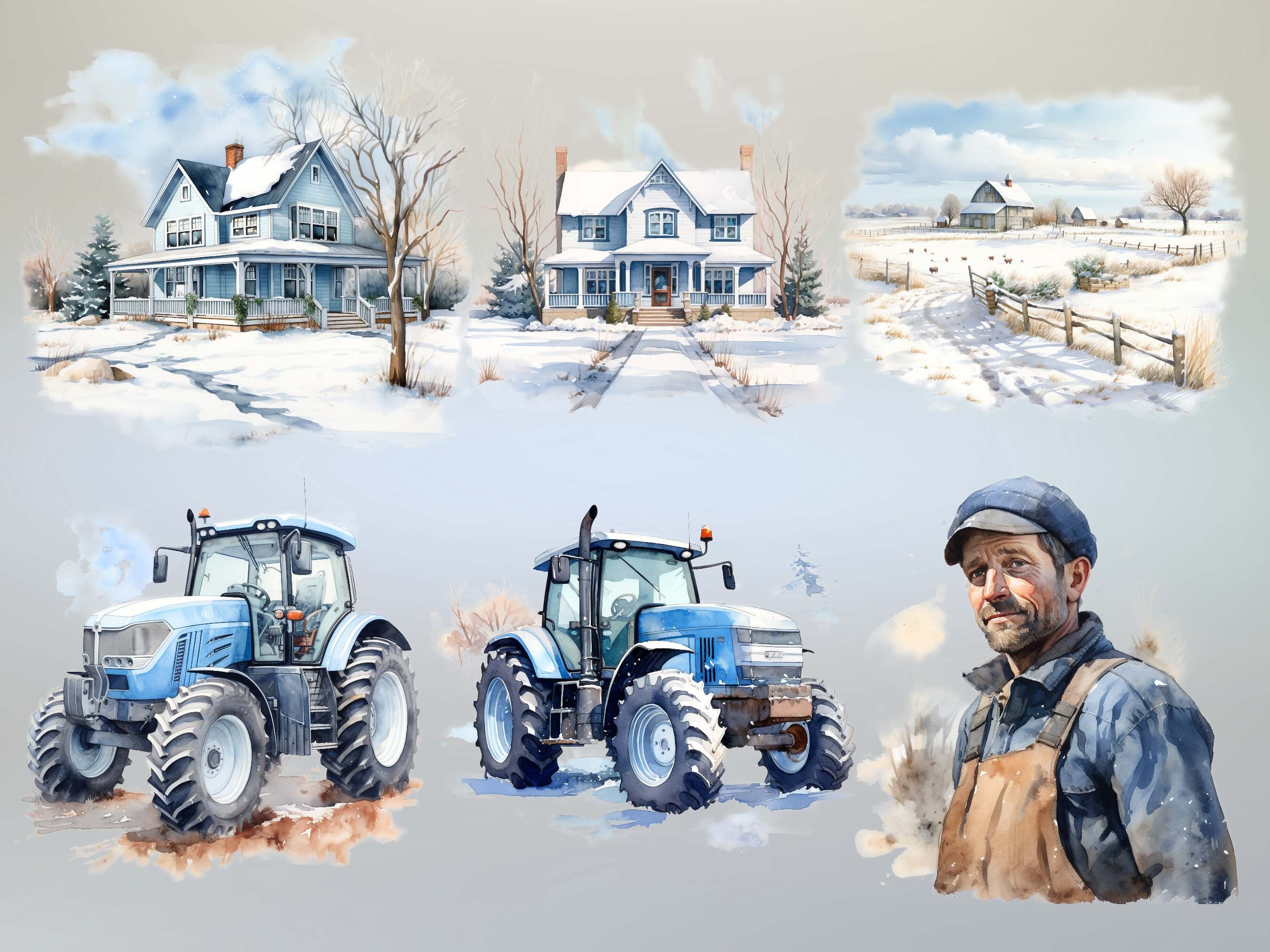 Winter Farmhouse Clipart Bundle 20 Watercolor PNG Winter Snow Barnyard ...