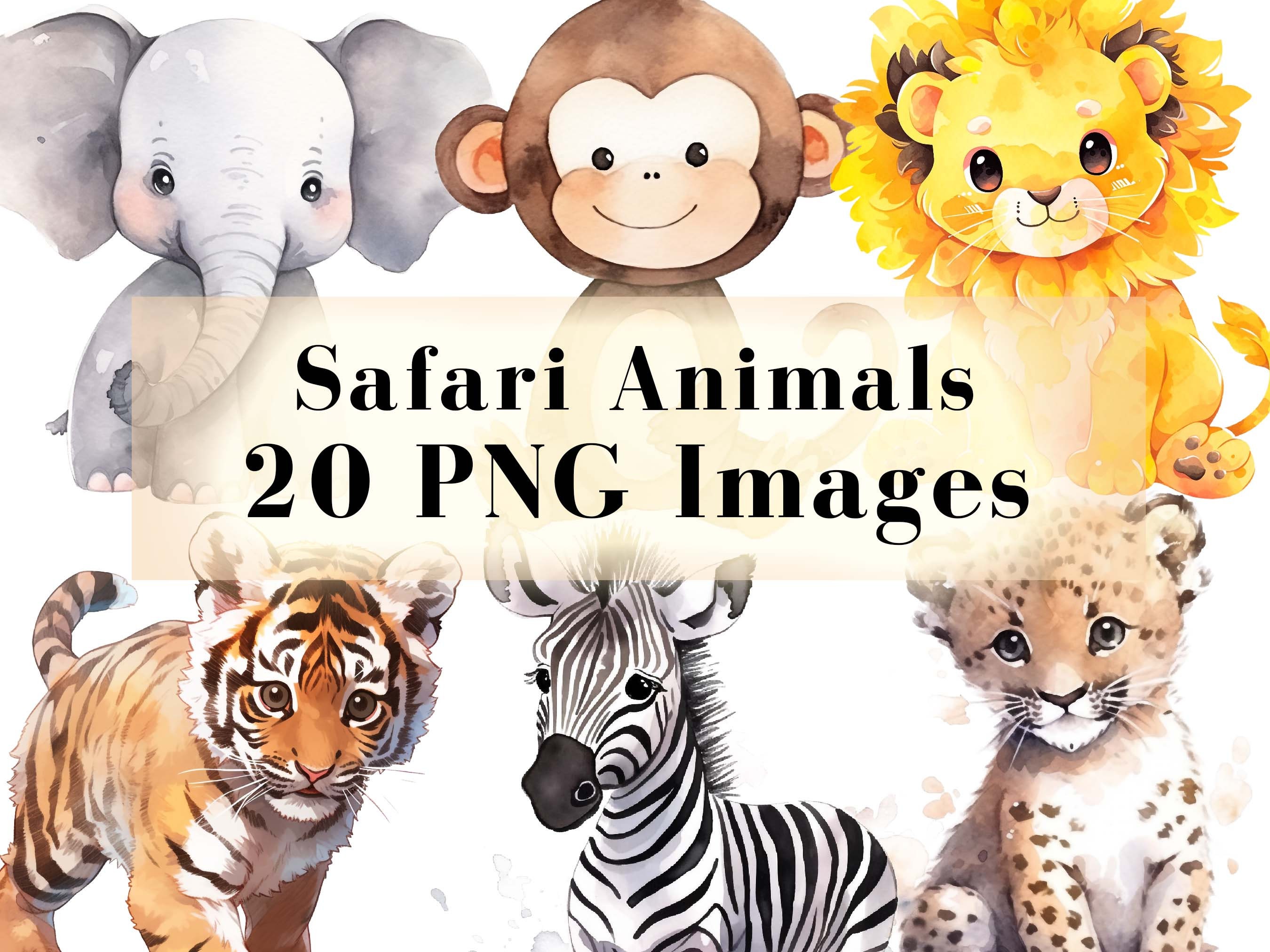 Adorable Safari Baby Animals Clipart - 20 PNG Watercolor Jungle Animals ...