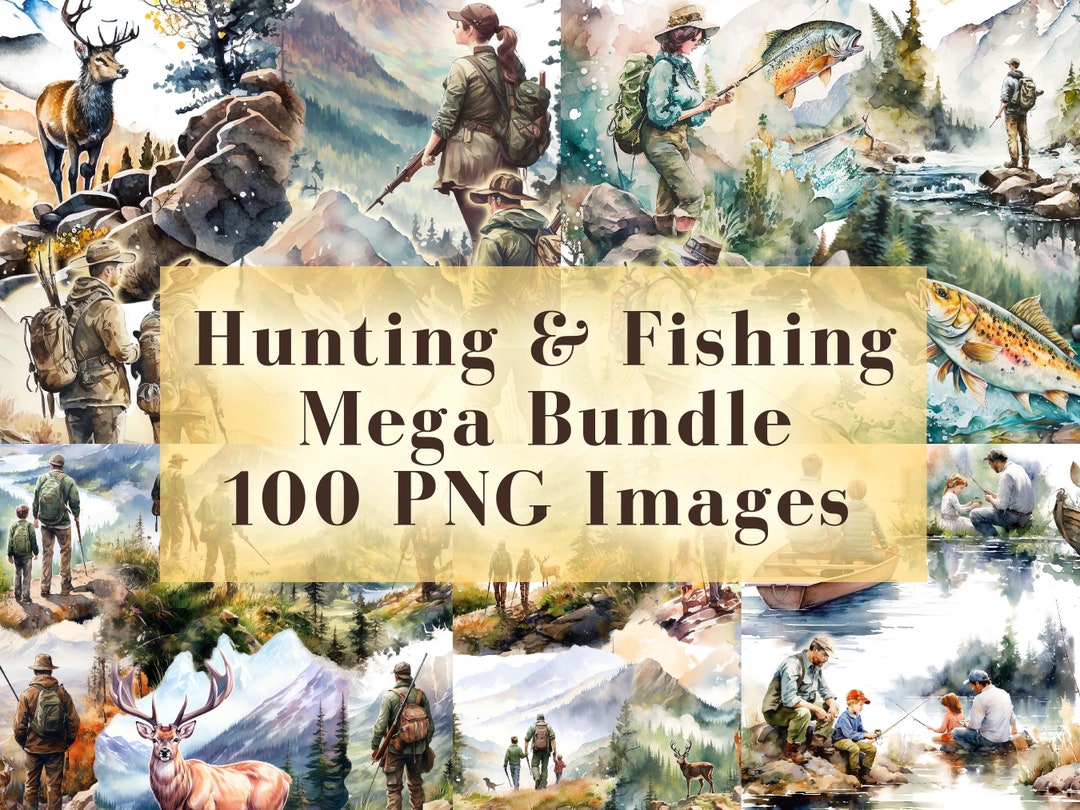 Watercolor Hunting Fishing Clipart Mega Bundle - 100 PNG Graphics ...