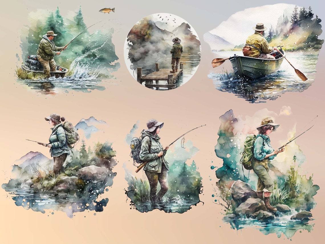 Watercolor Fishing Clipart Fathers Day Fishing Clipart - Etsy