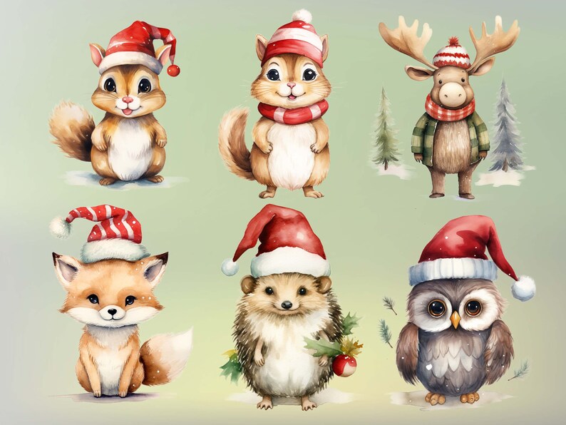 Woodland Christmas Clipart Bundle, 20 PNG, Watercolor Winter, Cute ...
