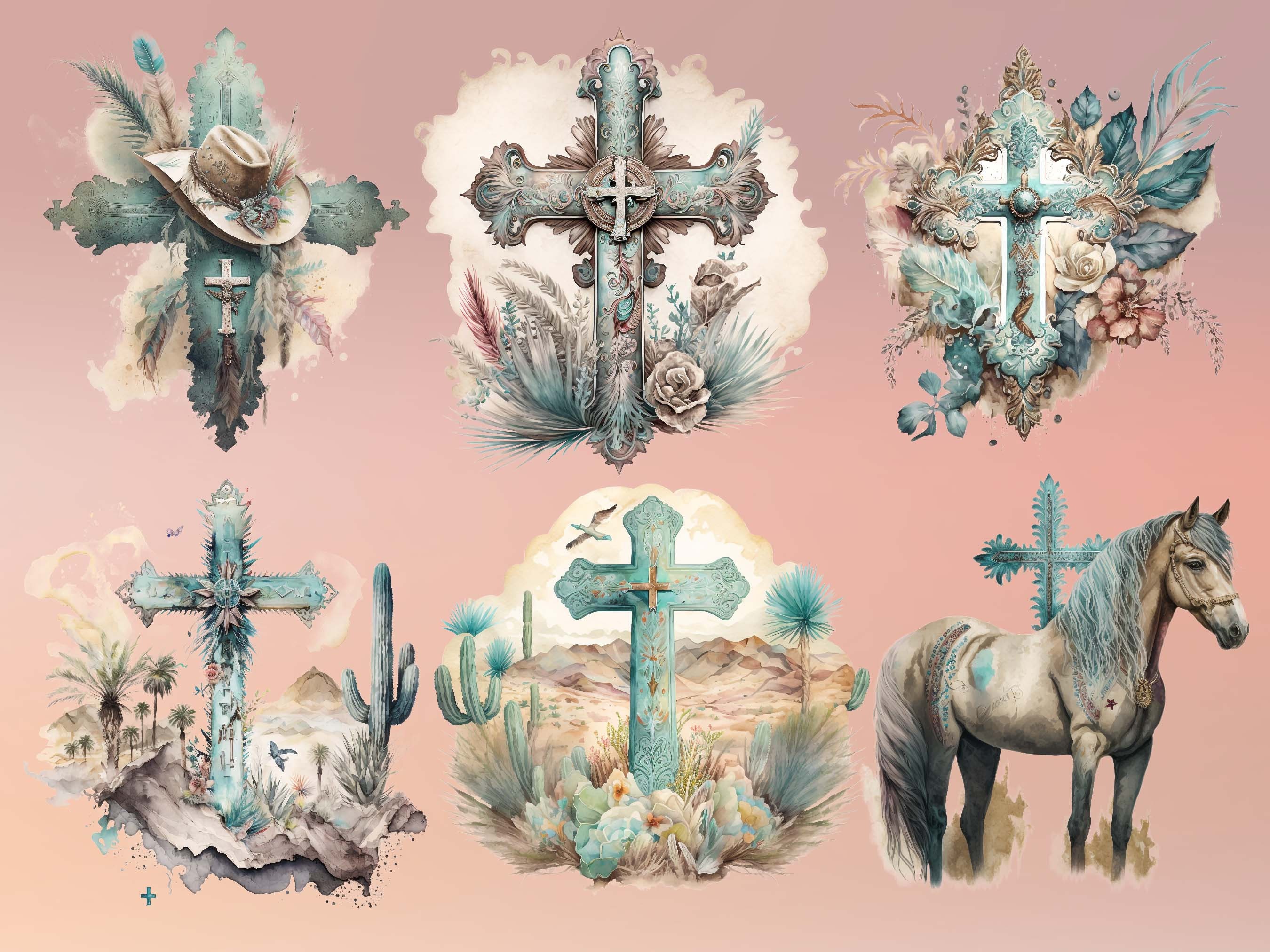 Watercolor Western Christian Clipart Bundle, Western Cross Graphics PNG ...