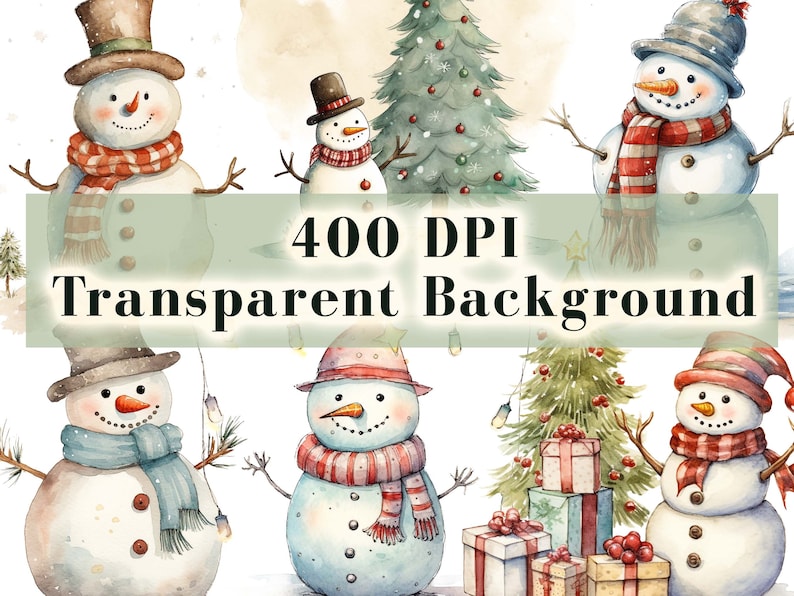 Cute Watercolor Snowman PNG Clipart Bundle of 20 Christmas Holiday ...