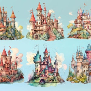 Watercolor Castle Clipart Bundle, Magic Fantasy Castle PNG, Retro ...
