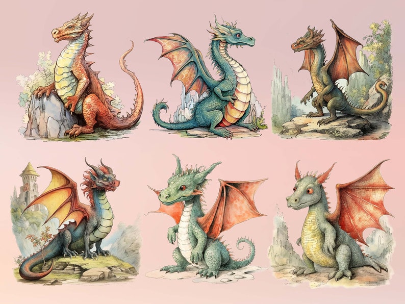 Dragon PNG Bundle - 20 Vintage Storybook Dragon Clipart, Fantasy Clip ...