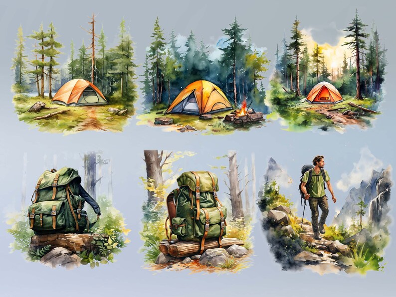 Watercolor Camping Clipart Bundle 20 PNG Graphics Tent, Campfire ...