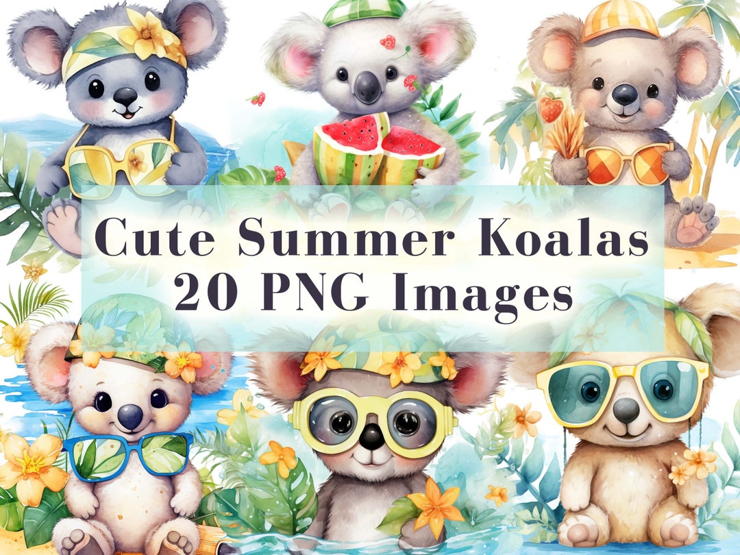 Watercolor Cute Summer Koala Clipart 20 PNG, Pastel Summer Animals Clip ...