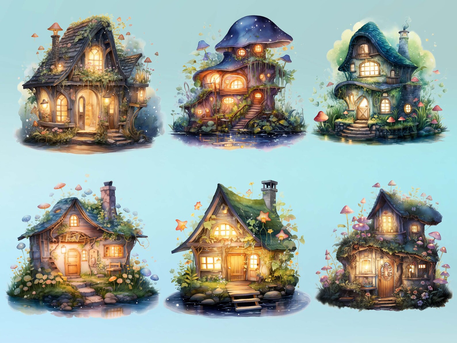 Enchanted Fairy Houses Clipart, 20 PNG Bundle, Magic Woodland Clipart ...