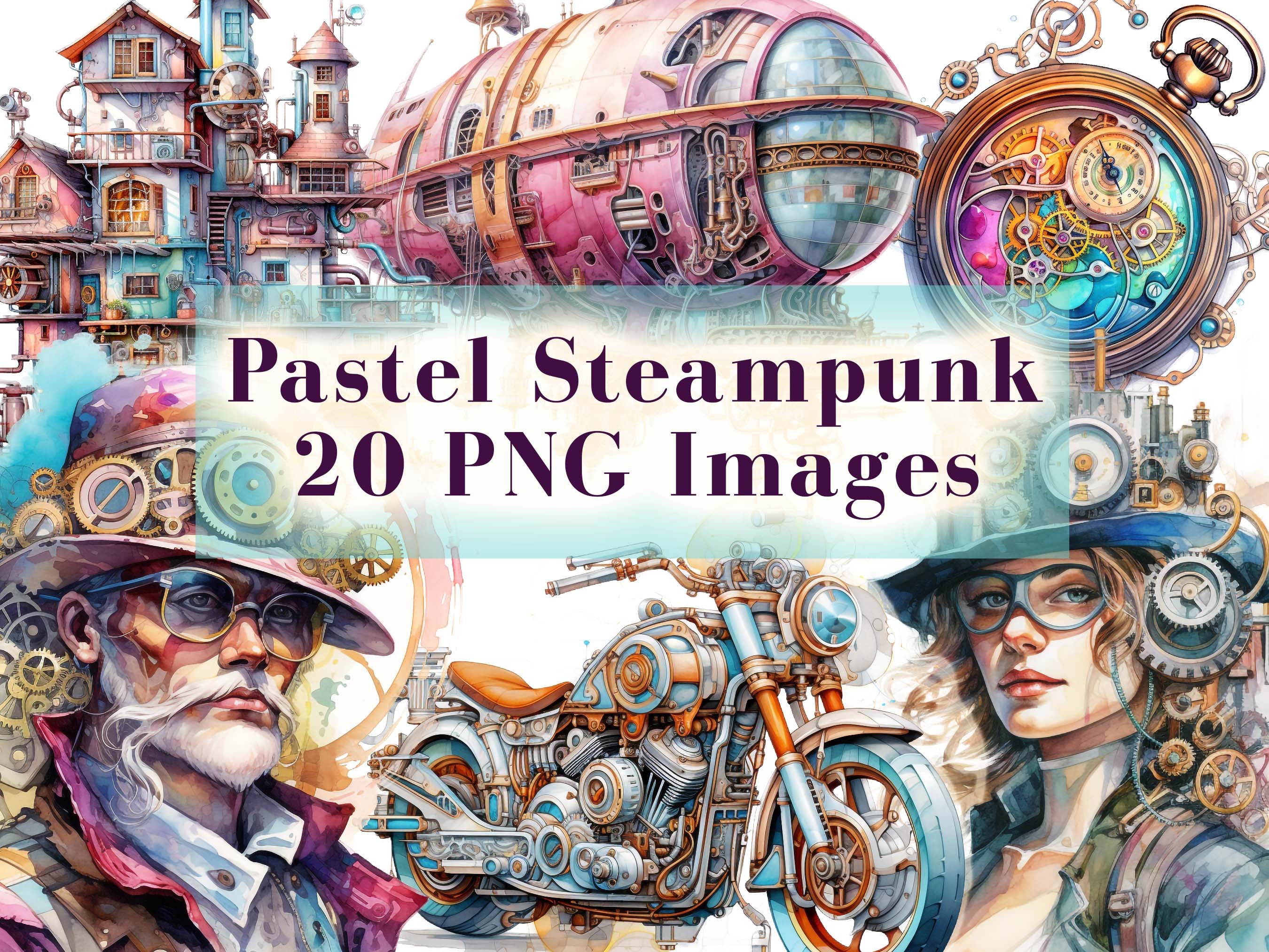 Pastel Steampunk Clipart Bundle 20 PNG Graphics, Steampunk PNG Clip Art ...