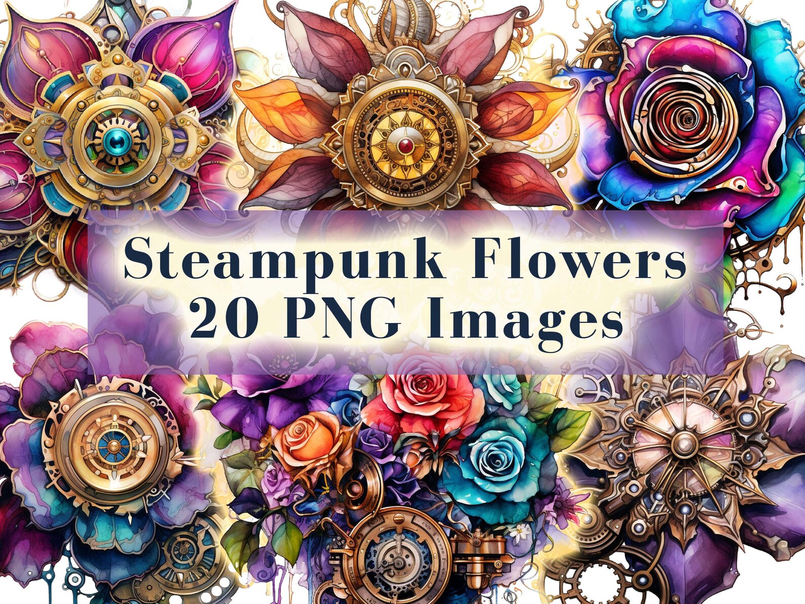 Steampunk Flowers Clipart Bundle, 20 PNG Floral Fantasy Graphics, Junk ...