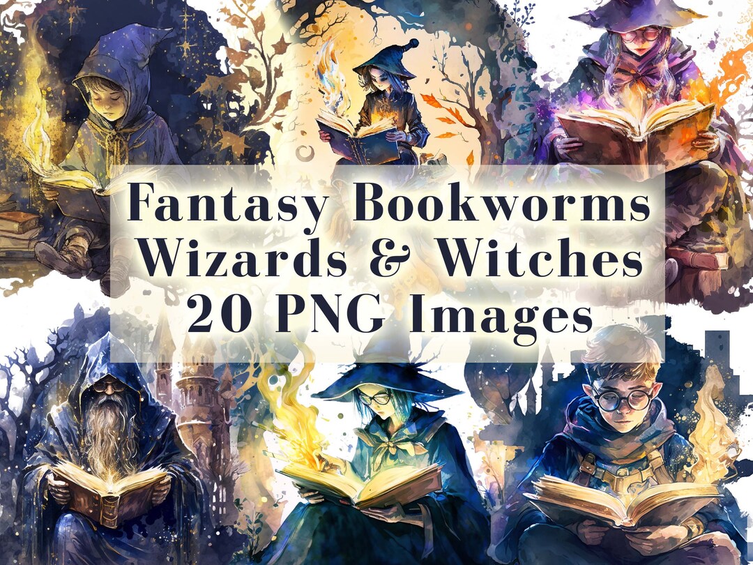 Fantasy Bookworms Watercolor Clipart PNG Bundle - Wizards & Witches ...