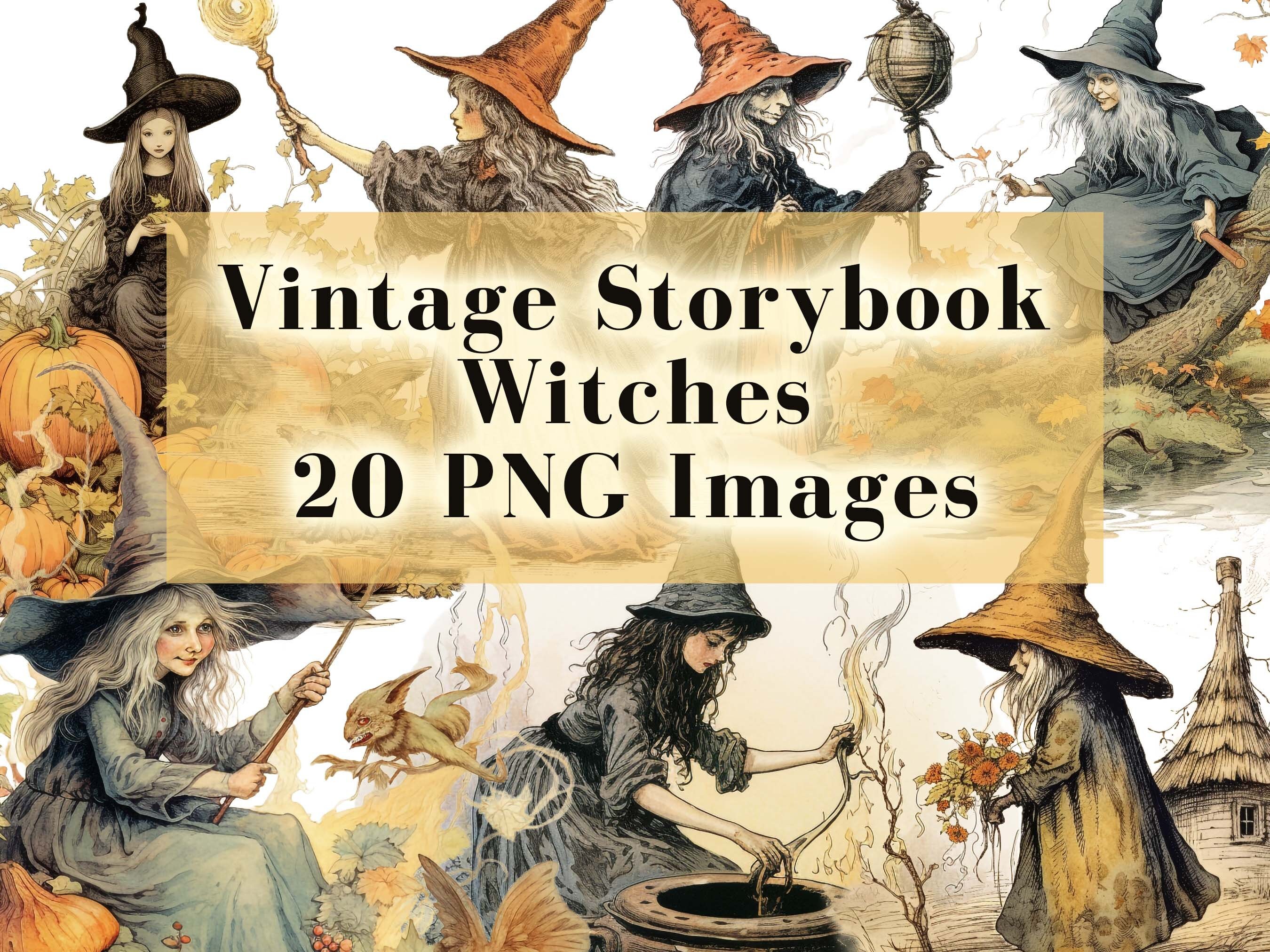 Vintage Storybook Witch Clipart Bundle, 20 Autumn Witches PNG ...