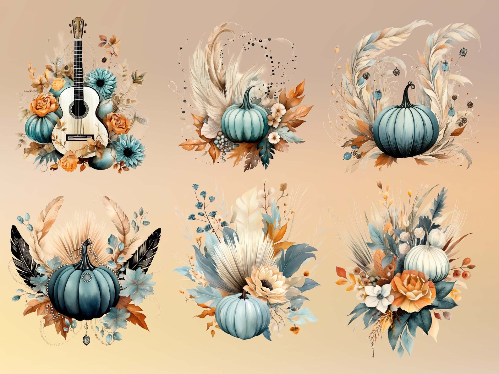 Boho Pumpkin Clipart, Fall Clipart, Thanksgiving Clipart, Watercolor ...