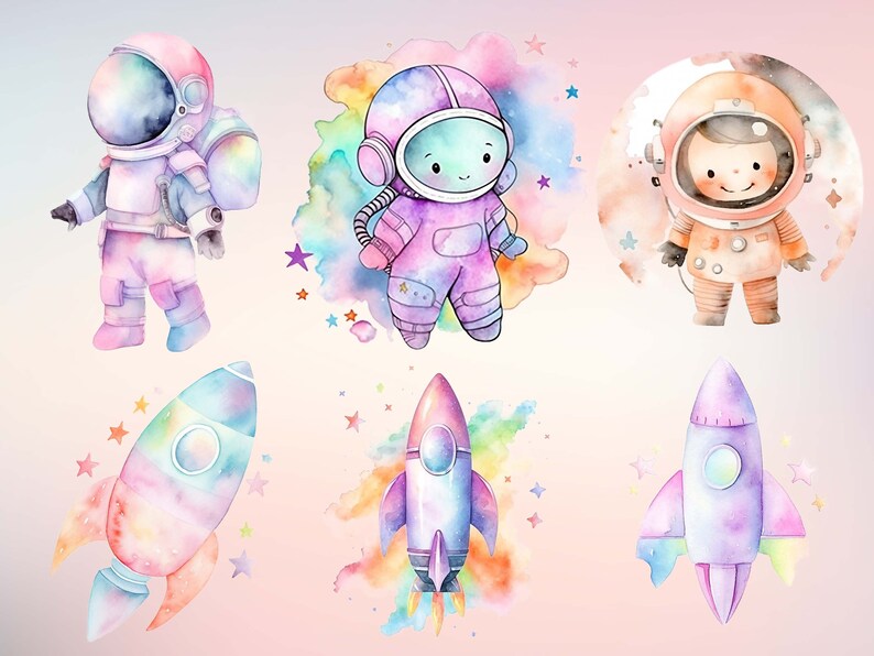 Pastel Outer Space Watercolor Clipart Bundle, 20 Cute Astronaut PNG ...