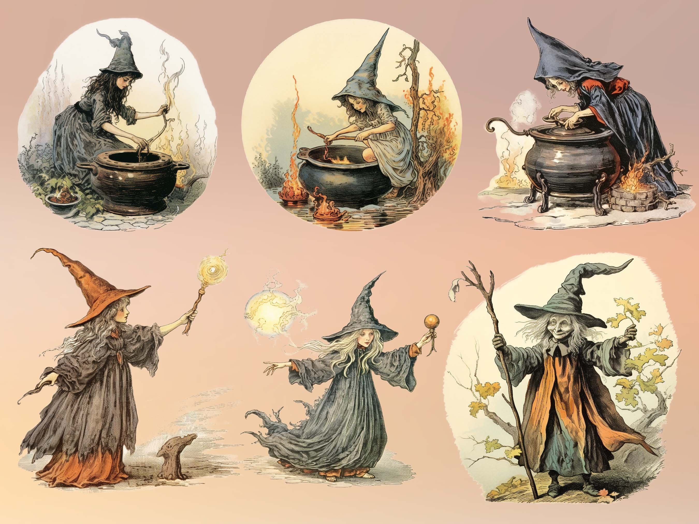 Vintage Storybook Witch Clipart Bundle, 20 Autumn Witches PNG ...