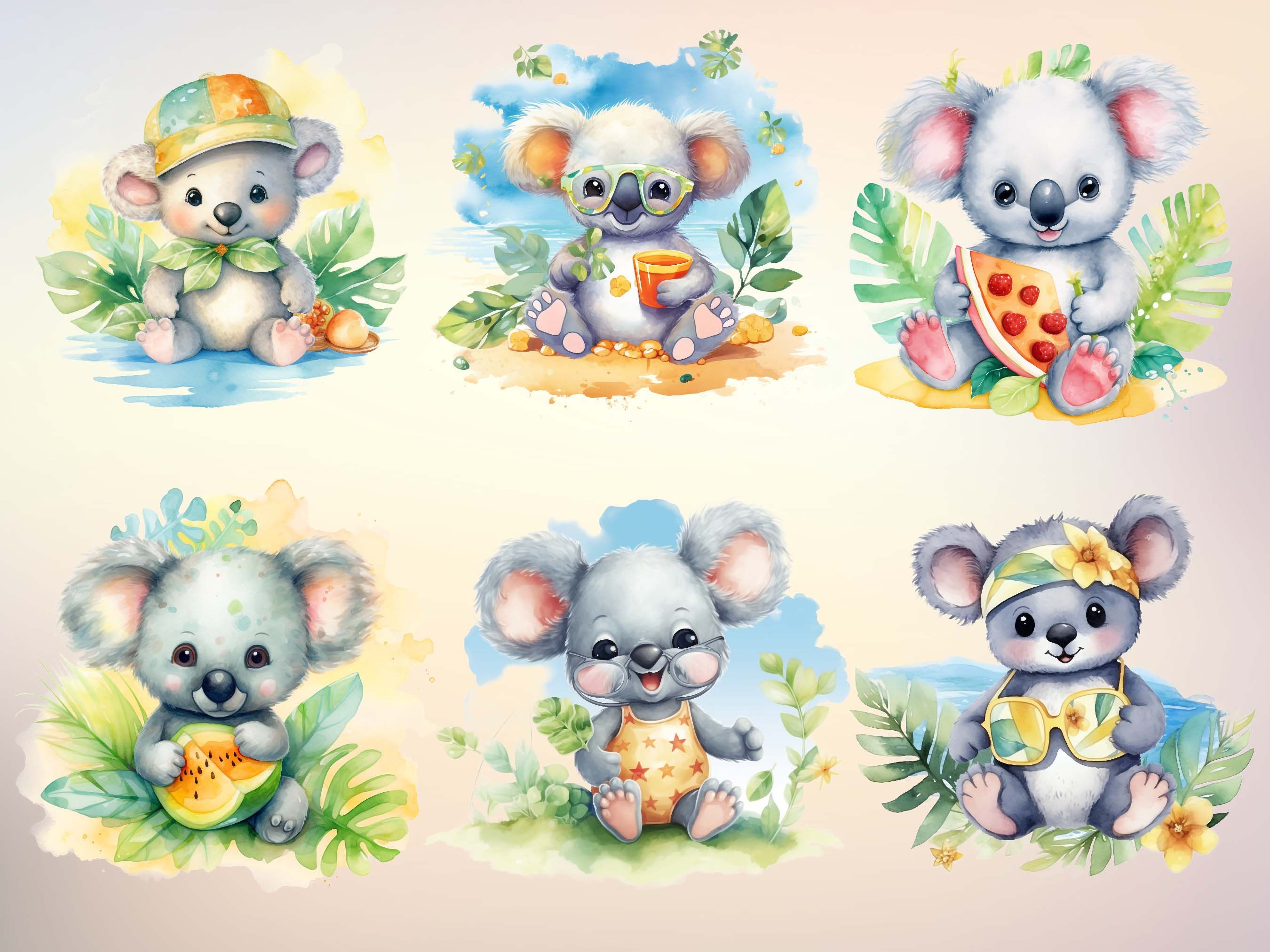 Watercolor Cute Summer Koala Clipart 20 PNG, Pastel Summer Animals Clip ...