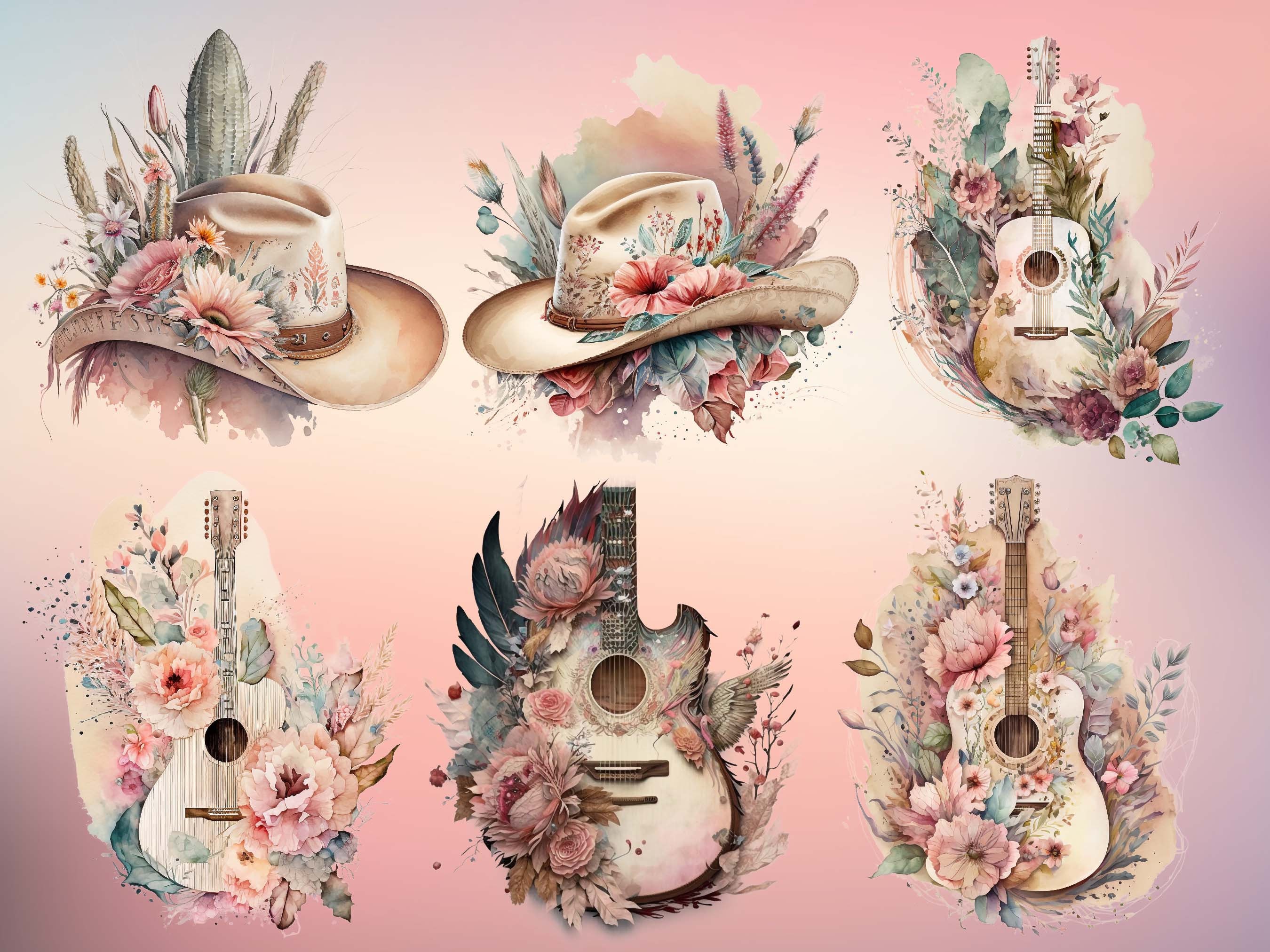 Watercolor Western Boho Clip Art Bundle 20 PNG Graphics, Bohemian ...