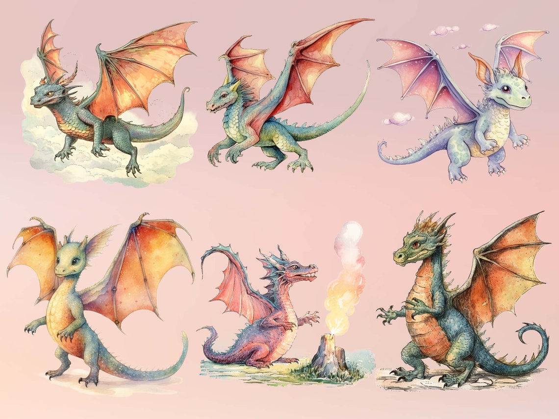 Dragon PNG Bundle 20 Vintage Storybook Dragon Clipart, Fantasy Clip Art ...