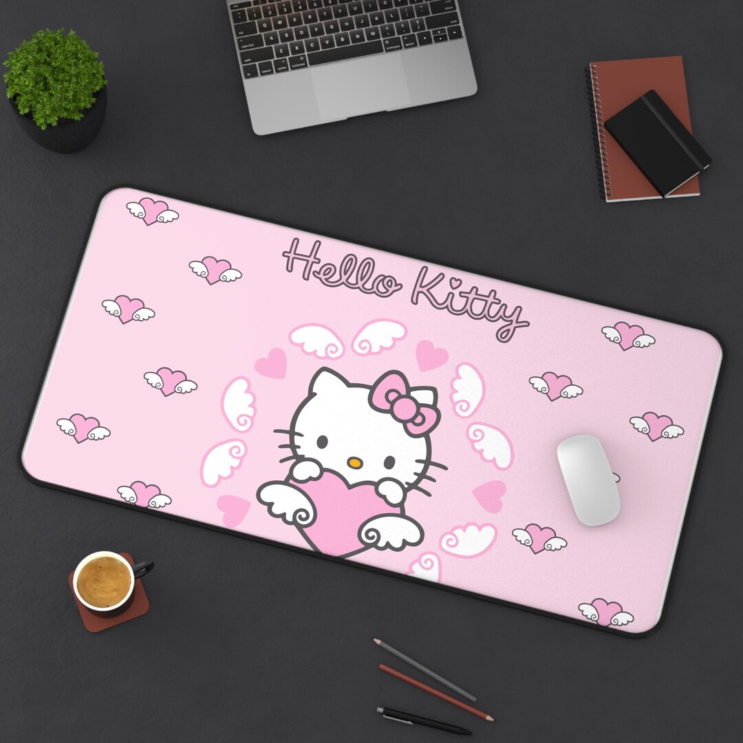 Hello Kitty Mouse Pad Hello Kitty Pink Hearts And Wings Sanrio Desk Mat Gaming Setup Cute Kawaii