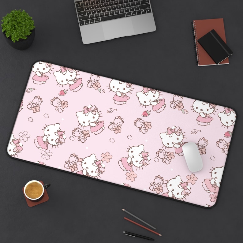 Hello Kitty Mouse Pad Hello Kitty Pink Strawberry And Teddy Bear Sanrio Desk Mat Gaming Setup