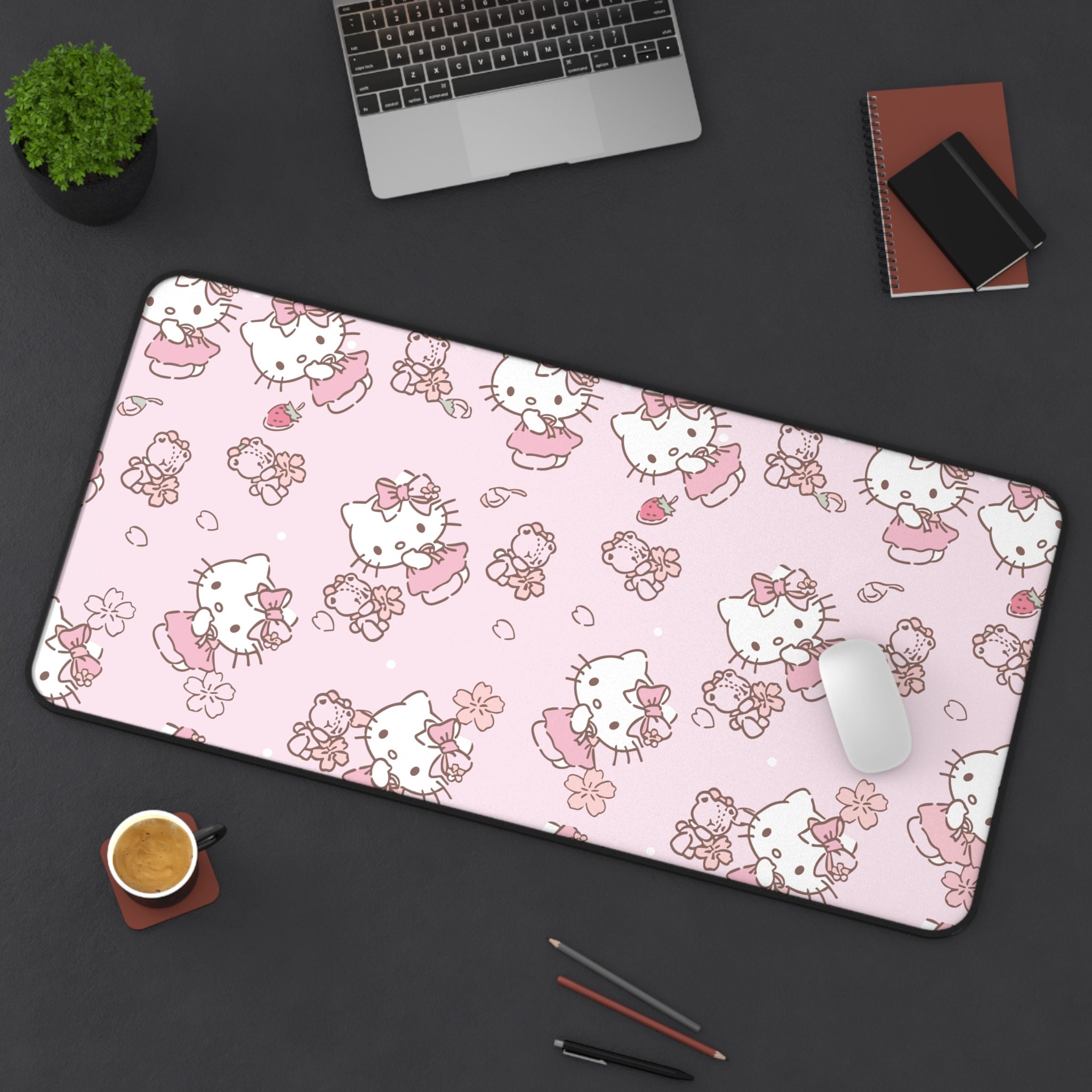 Hello Kitty Mouse Pad Hello Kitty Pink Strawberry And Teddy Bear Sanrio Desk Mat Gaming Setup