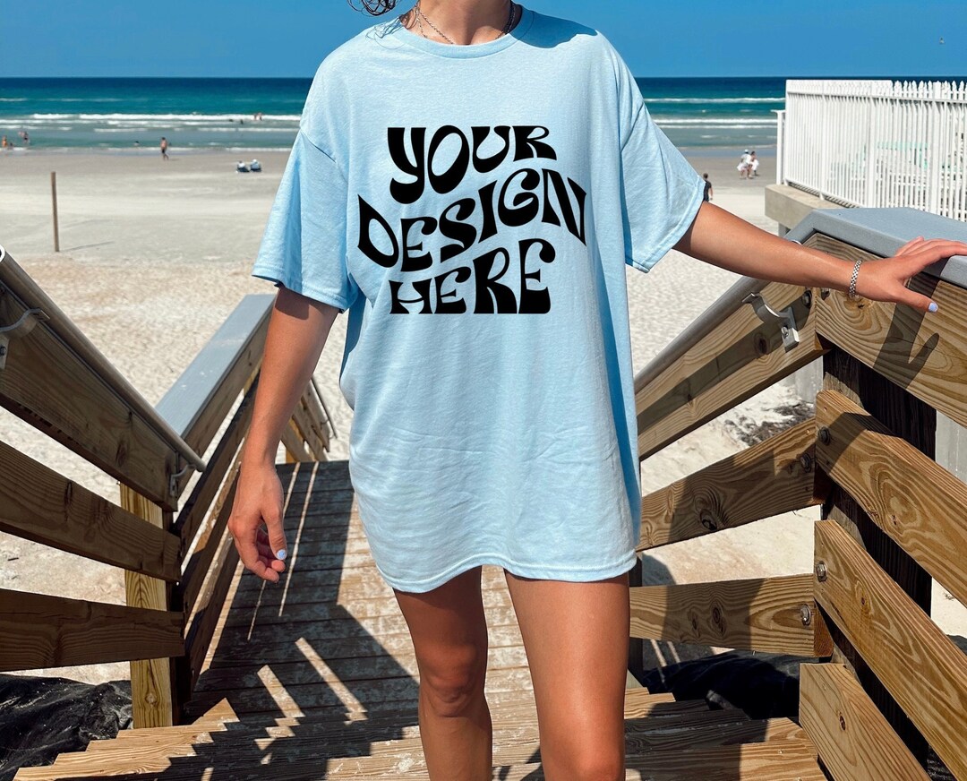 Gildan 5000 Mockup Light Blue Outdoors Oversized Model Mockup Oversized ...