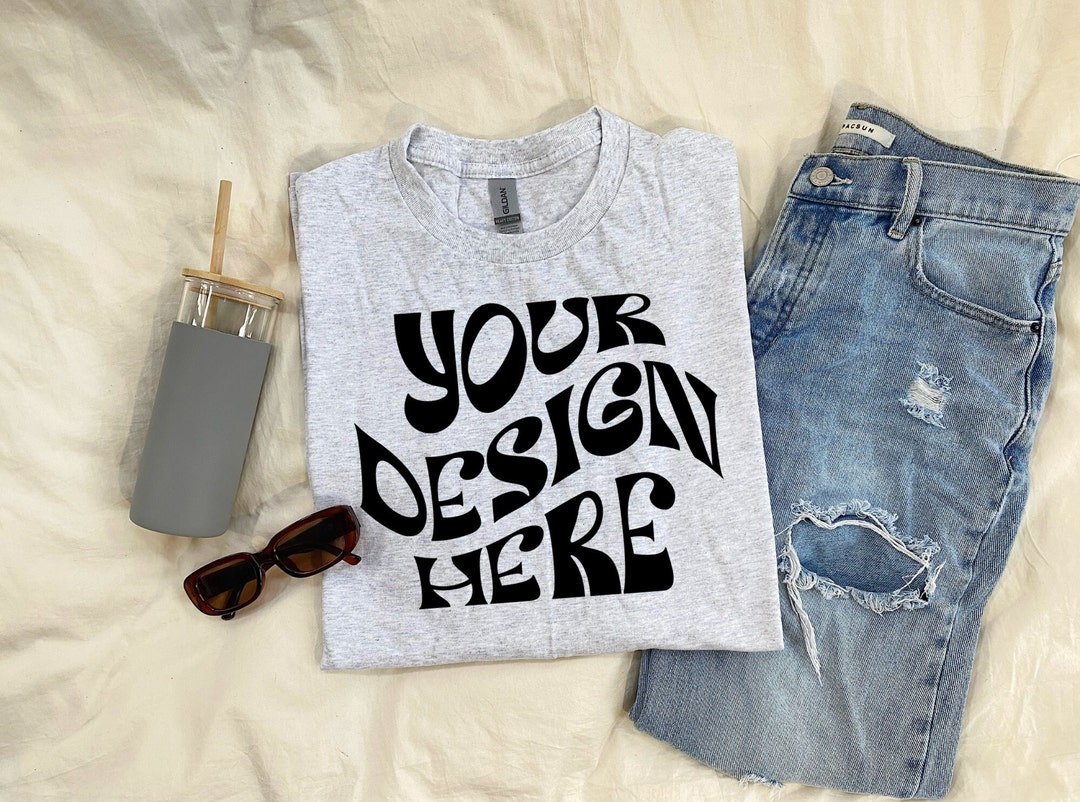 Flat Lay Gildan 5000 Mockup Ash Grey Mockup Folded T-shirt Flat Lay ...